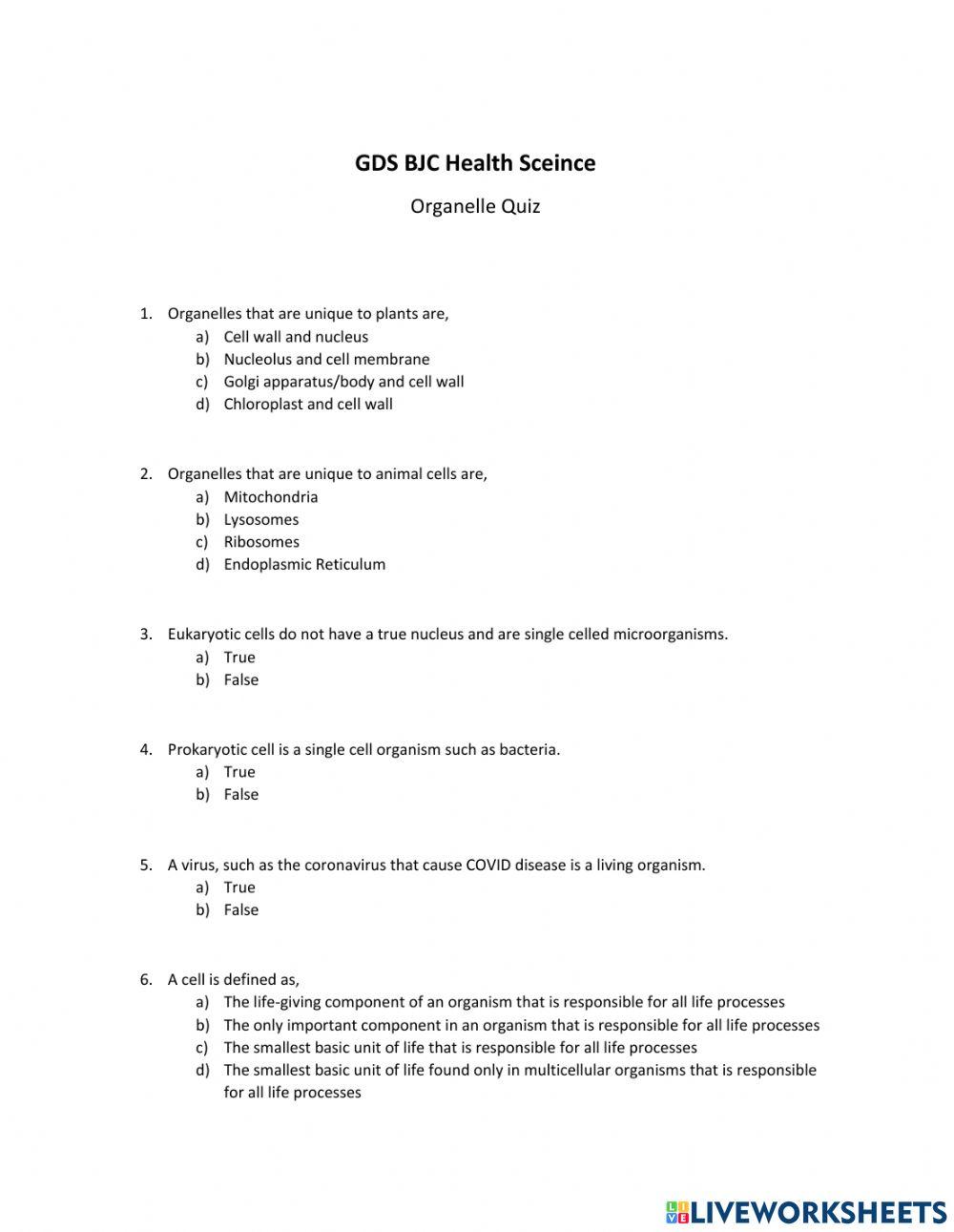 GDS BJC Health Science - Organelle Quiz 2688887