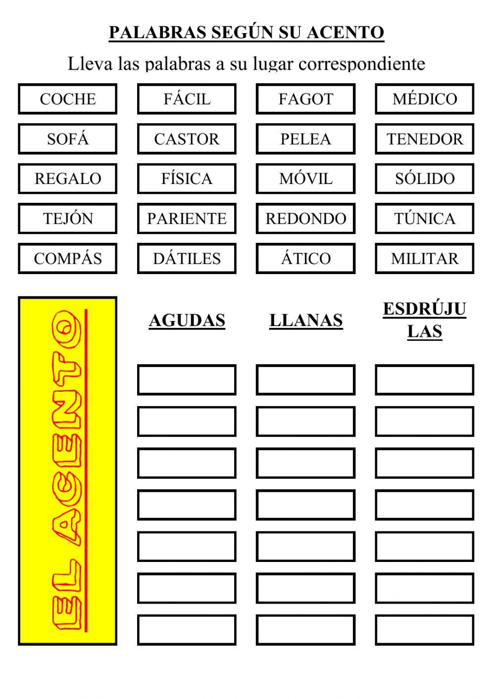 Clasifica según su acento worksheet | Live Worksheets