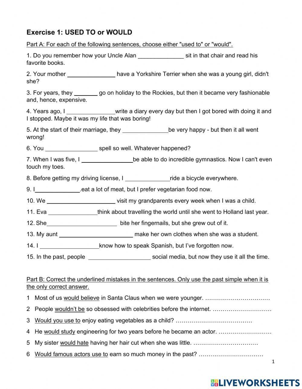 Used to or Would | Free Interactive Worksheets | 1815445