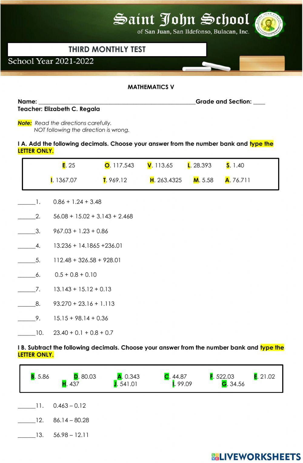 Third Monthly Test in Math 5 worksheet | Live Worksheets