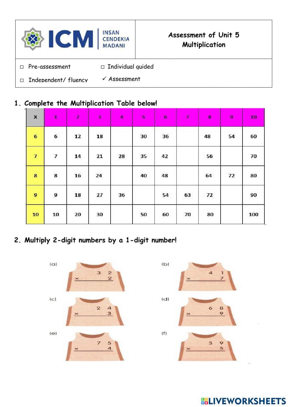 W3M1-Assessment of Unit 5-Multiplication worksheet | Live Worksheets
