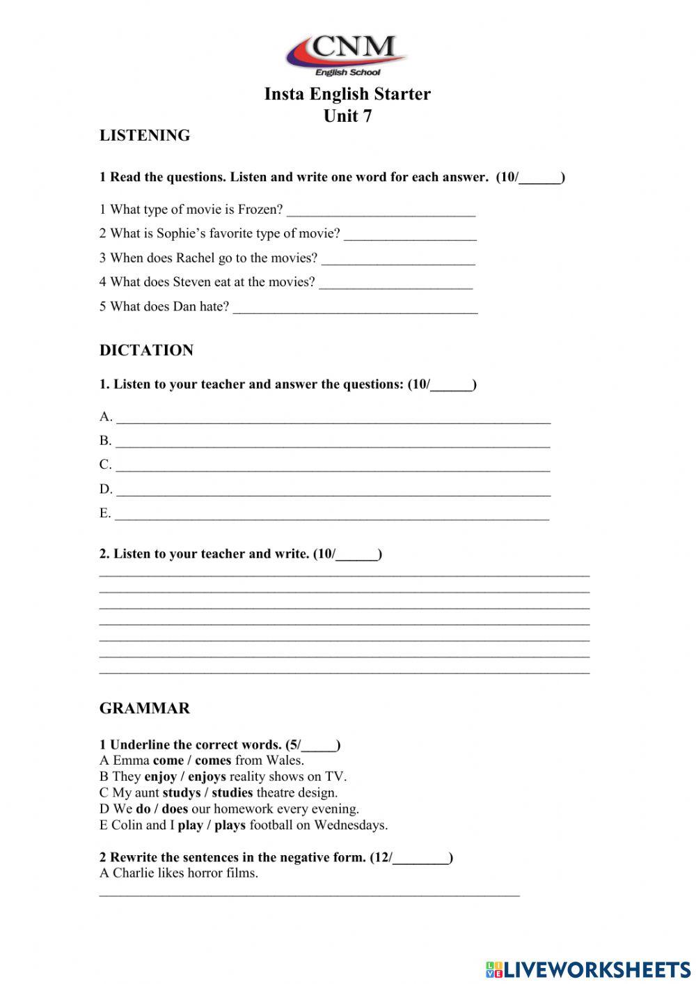 Insta English Starter - UN 7 online exercise for | Live Worksheets