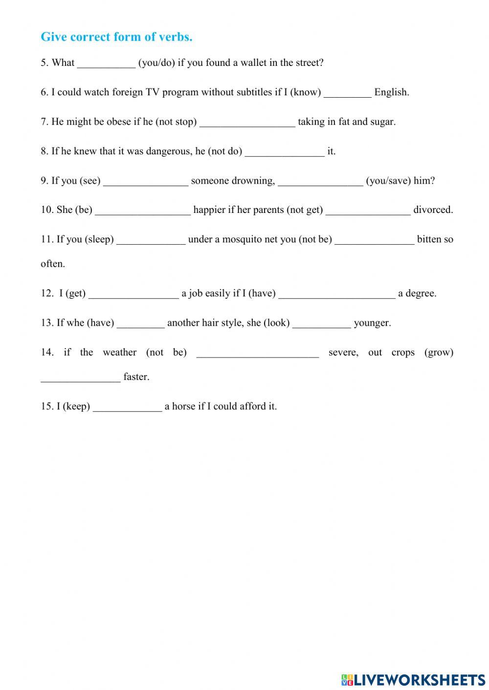 If 2 give correct form of verbs worksheet | Live Worksheets