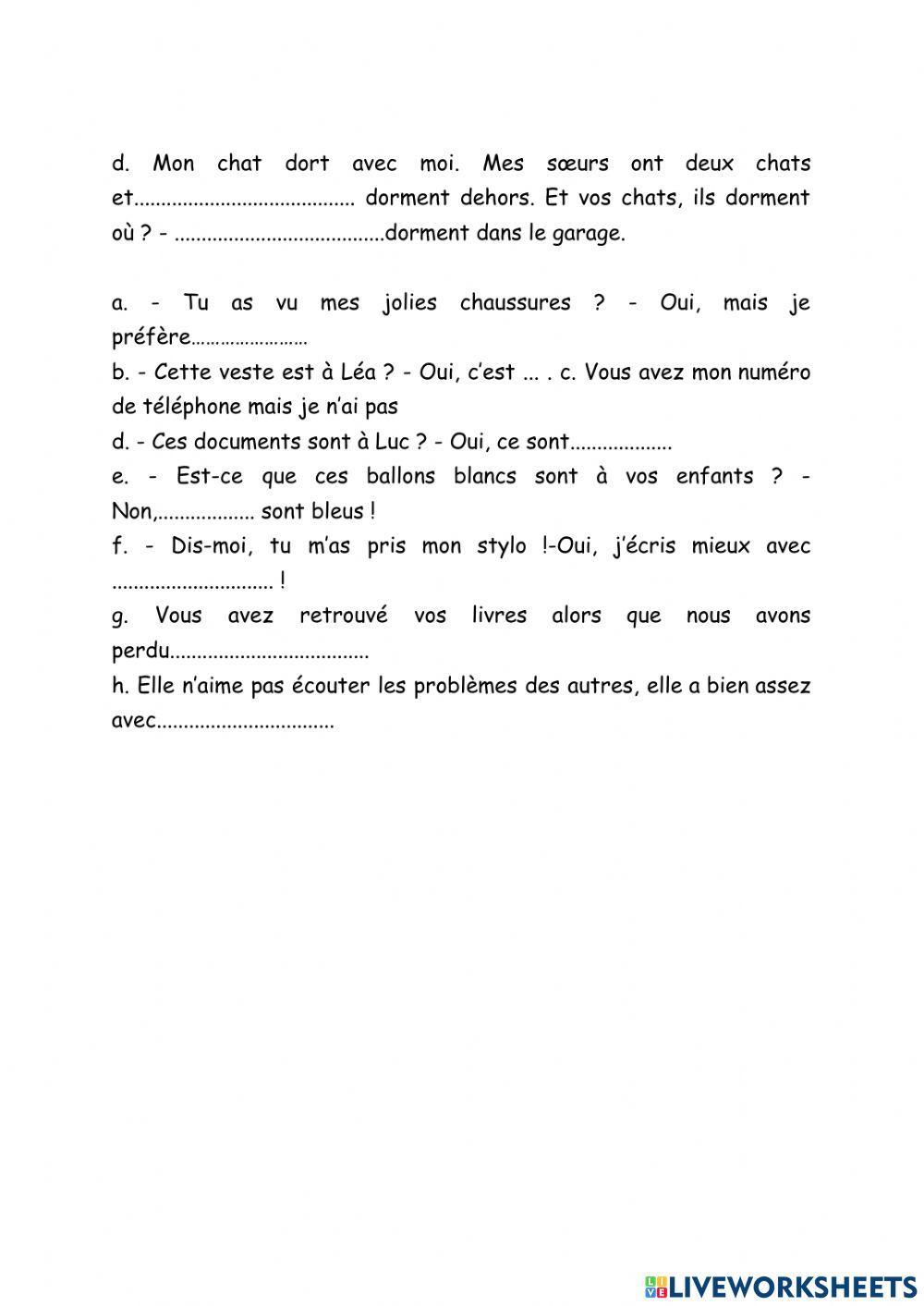 Les pronoms pos… | Free Interactive Worksheets | 1816570