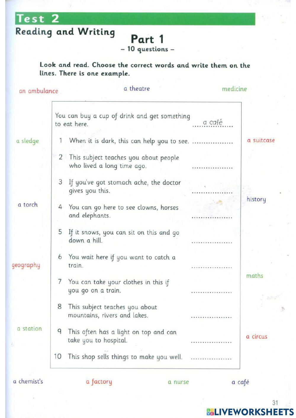 Tests Flyers 2 book-Test 2-Reading 4207469 | 4e2iq | Live