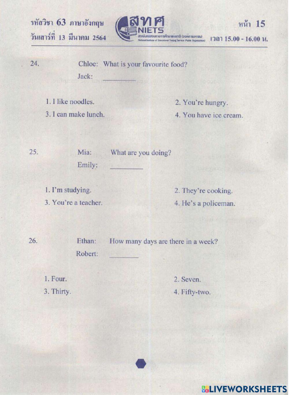 English ONET P.6 2563 Part 2 No.11-29 worksheet | Live Worksheets