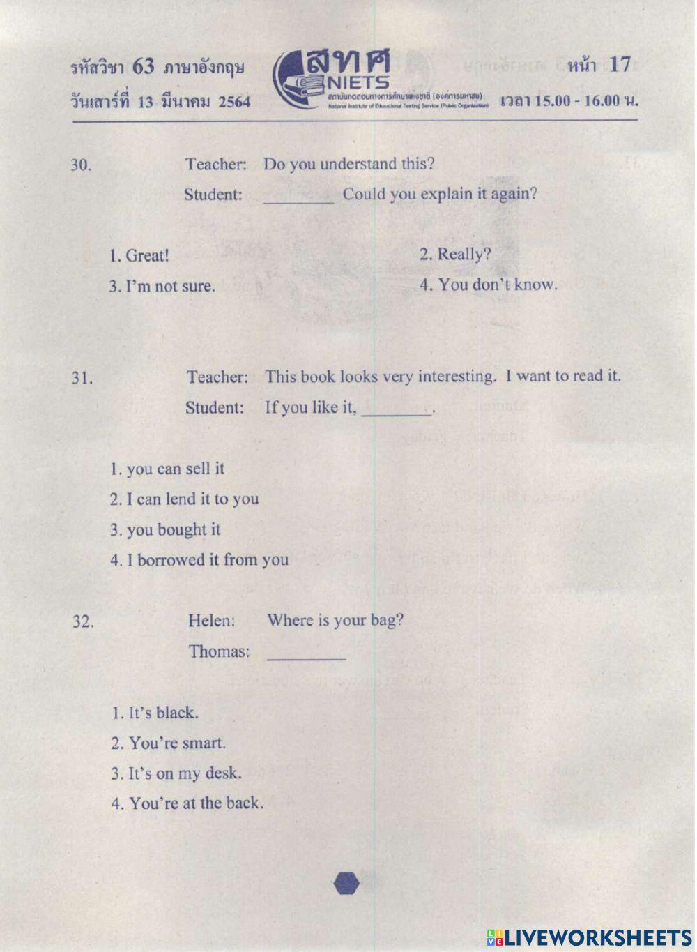 English ONET P.6 2563 Part 3 No.30-40 worksheet | Live Worksheets