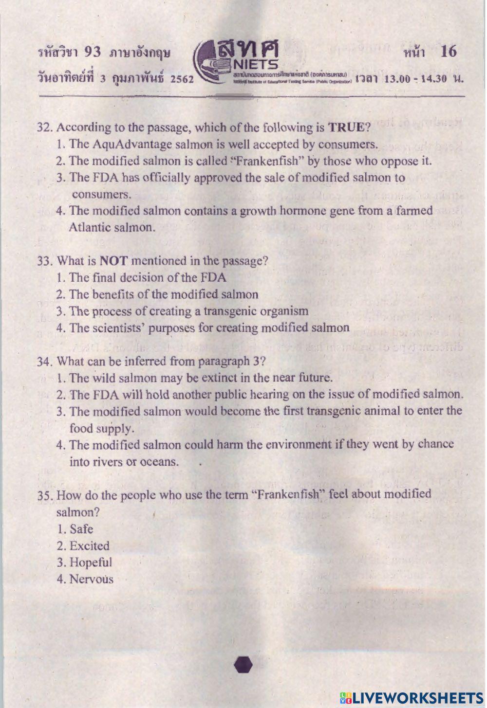 English ONET M.3 2561 Part 1 No.31-50 worksheet | Live Worksheets