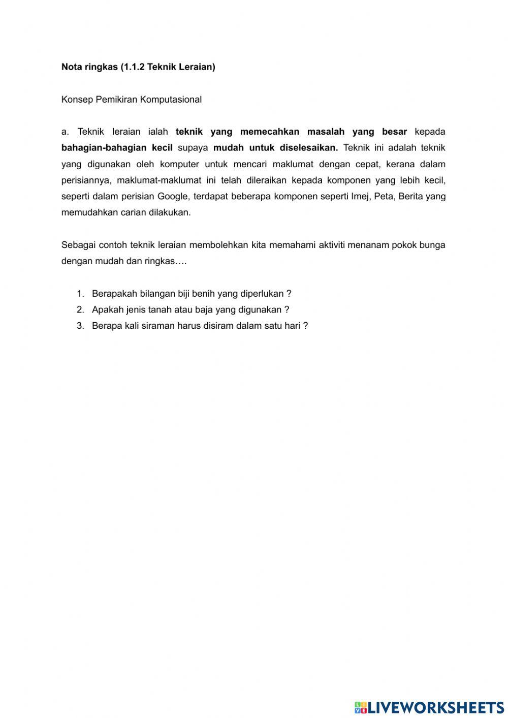 1.1.2 Teknik Leraian interactive worksheet | Live Worksheets