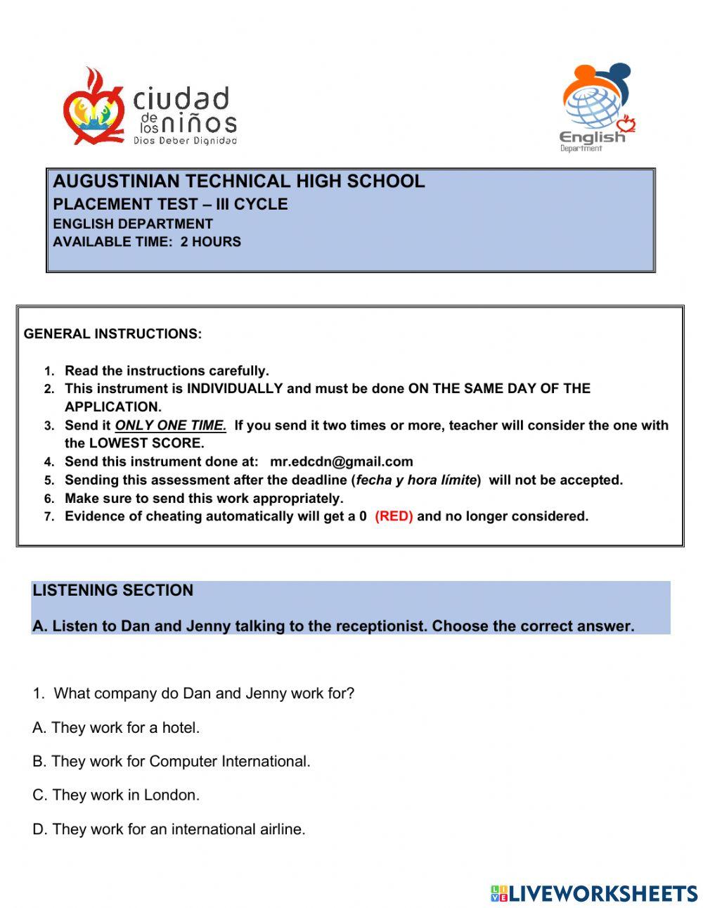 Placement test - iii cycle - augustinian technical high school ...