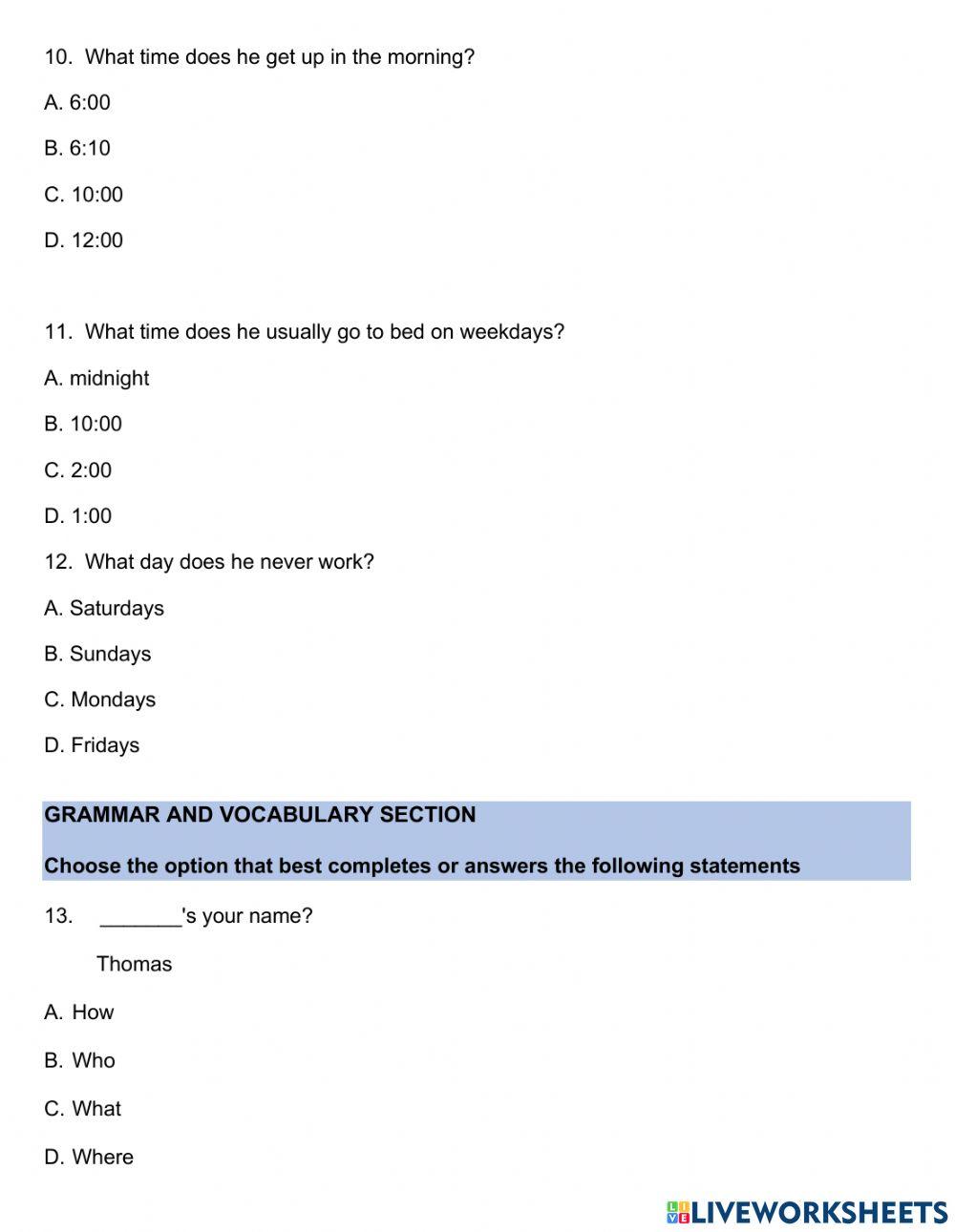 Placement test - iii cycle - augustinian technical high school ...