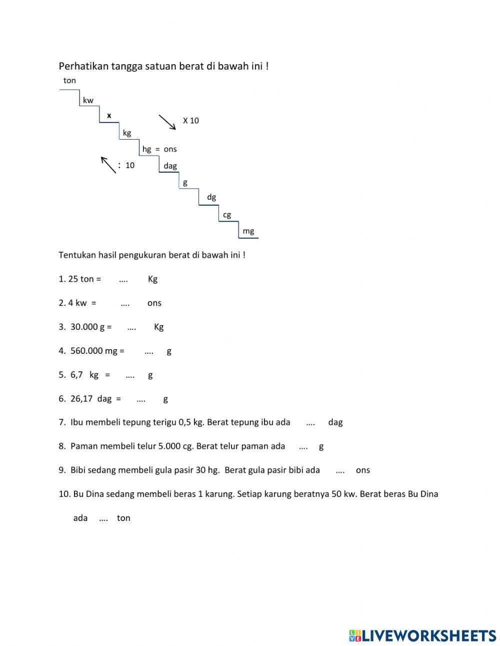 Satuan berat 1 worksheet | Live Worksheets