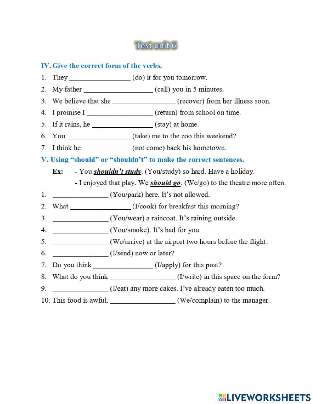 G6-Test unit 6 worksheet | Live Worksheets
