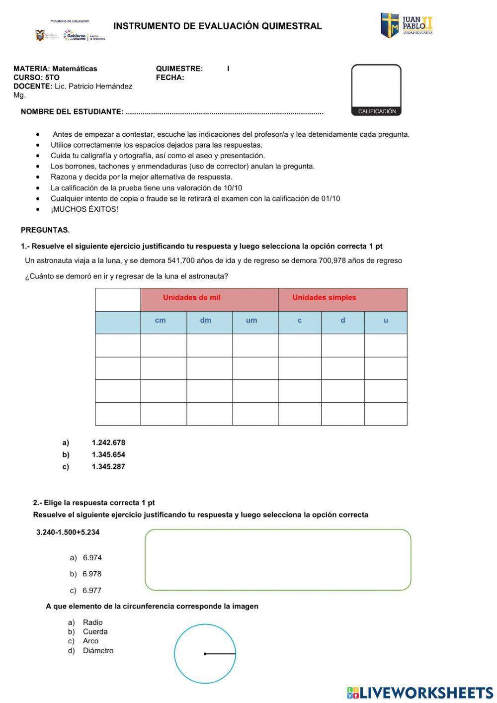 1819778 | Evaluación Quimestral de Matemáticas 2022 1819778 | Evaluación Quimestral de Matemáticas 2022