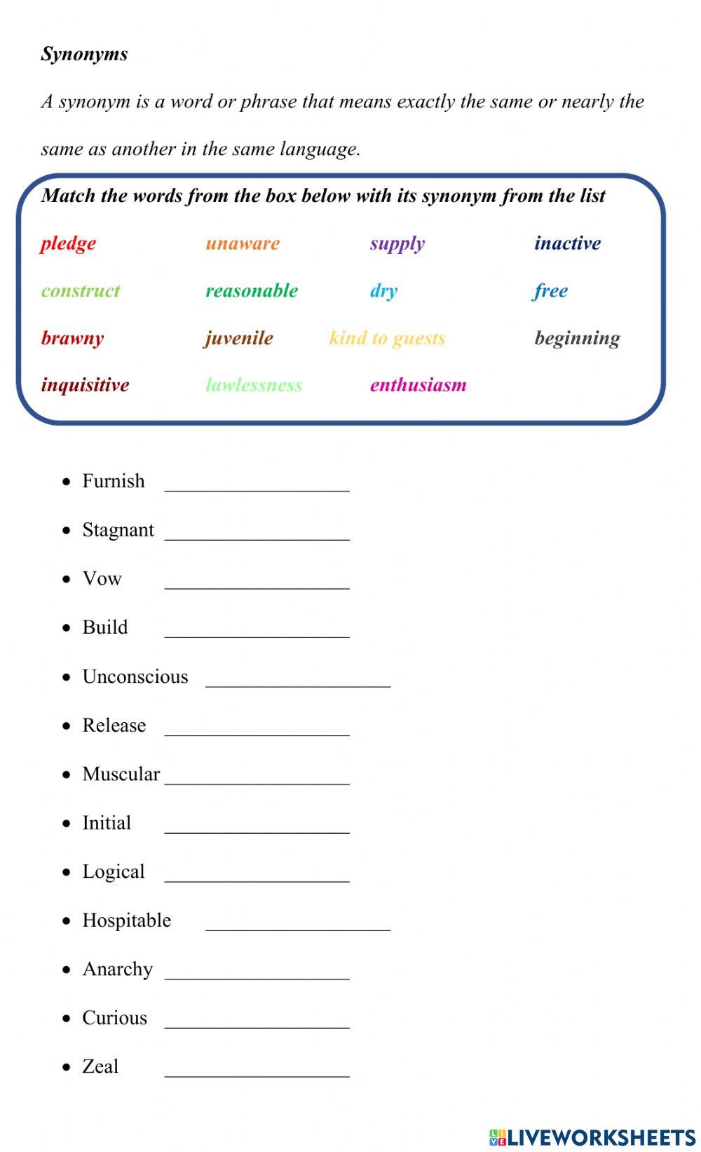 Synonyms online exercise for 4 | Live Worksheets