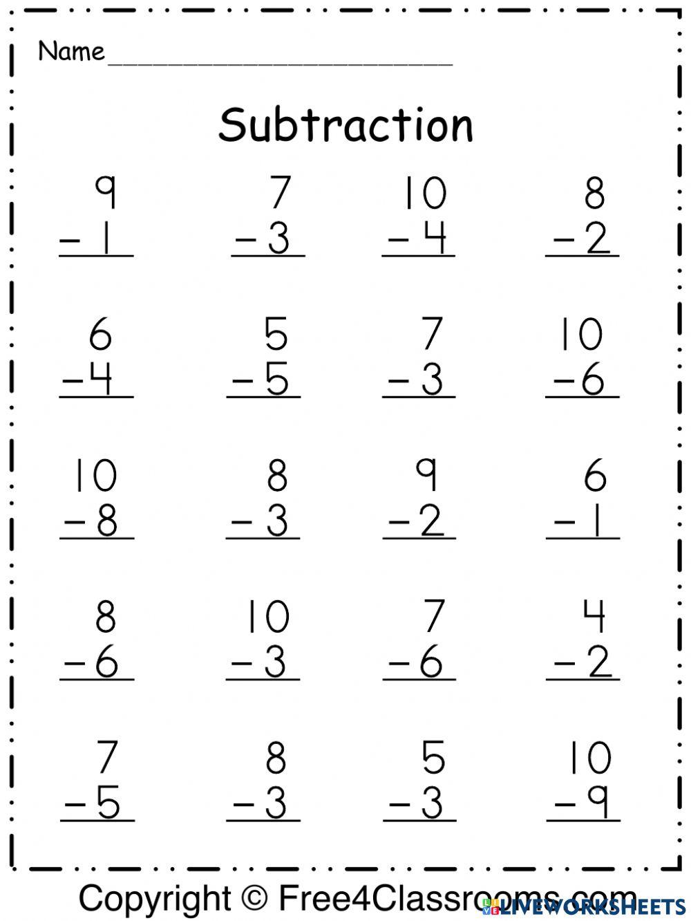Single Digit Subtraction Live Worksheets Single Digit Subtraction Live Worksheets