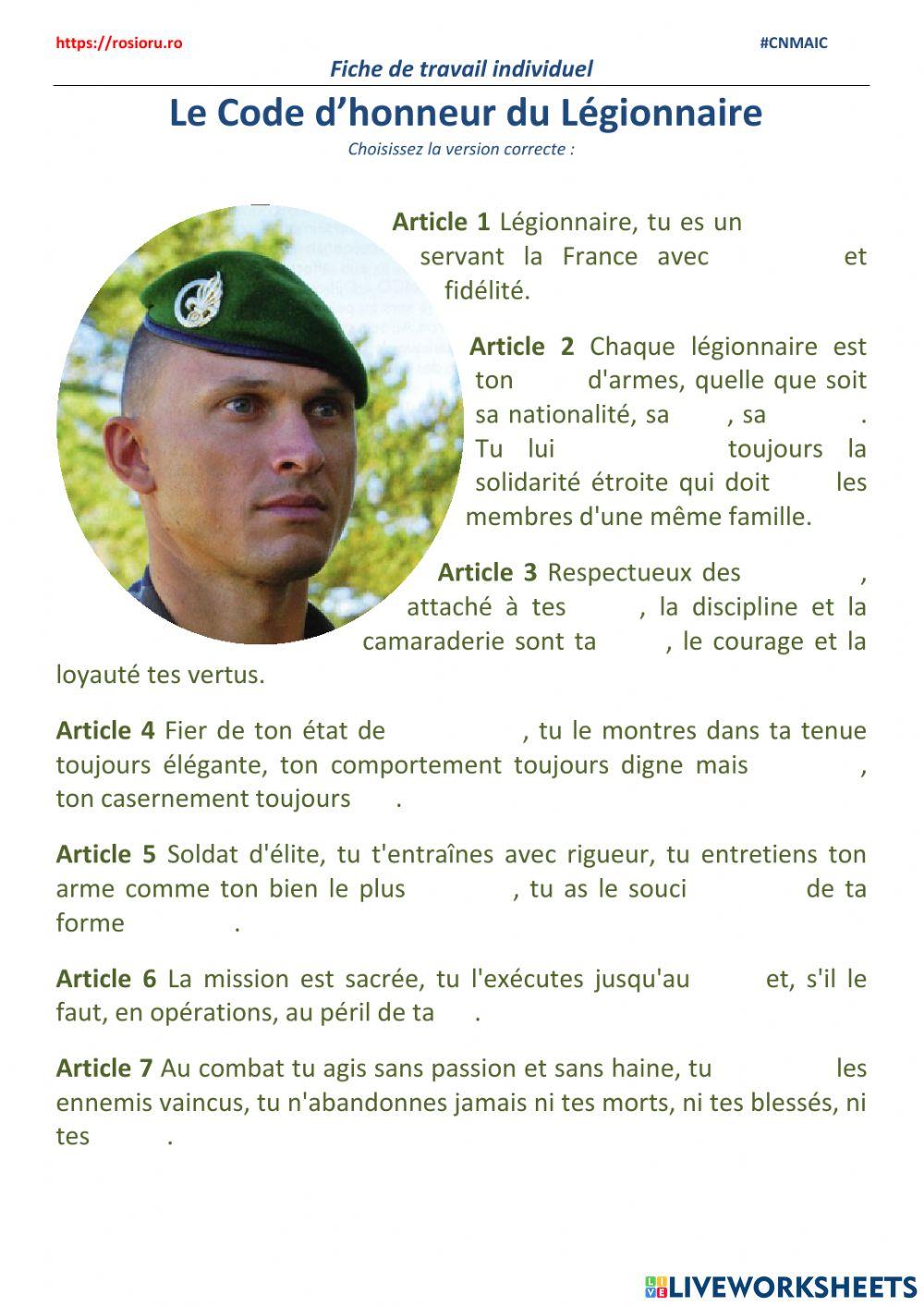 Le Code d'Honneur du Légionnaire worksheet | Live Worksheets