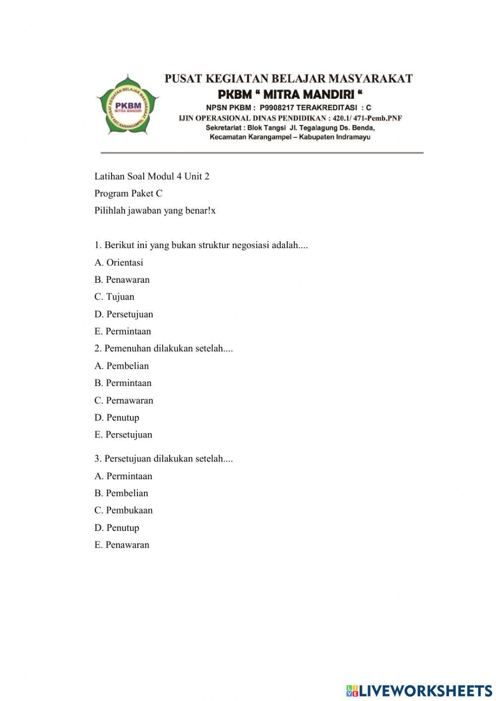 Latihan Modul 4 Unit 2 worksheet | Live Worksheets