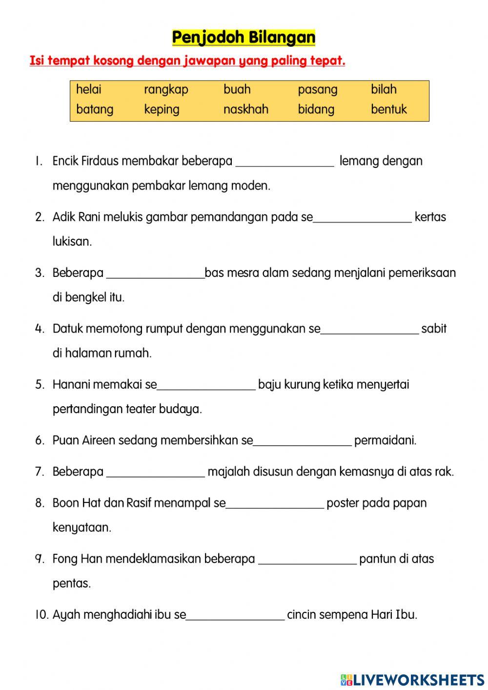 Penjodoh Bilang… | Free Interactive Worksheets | 3533893