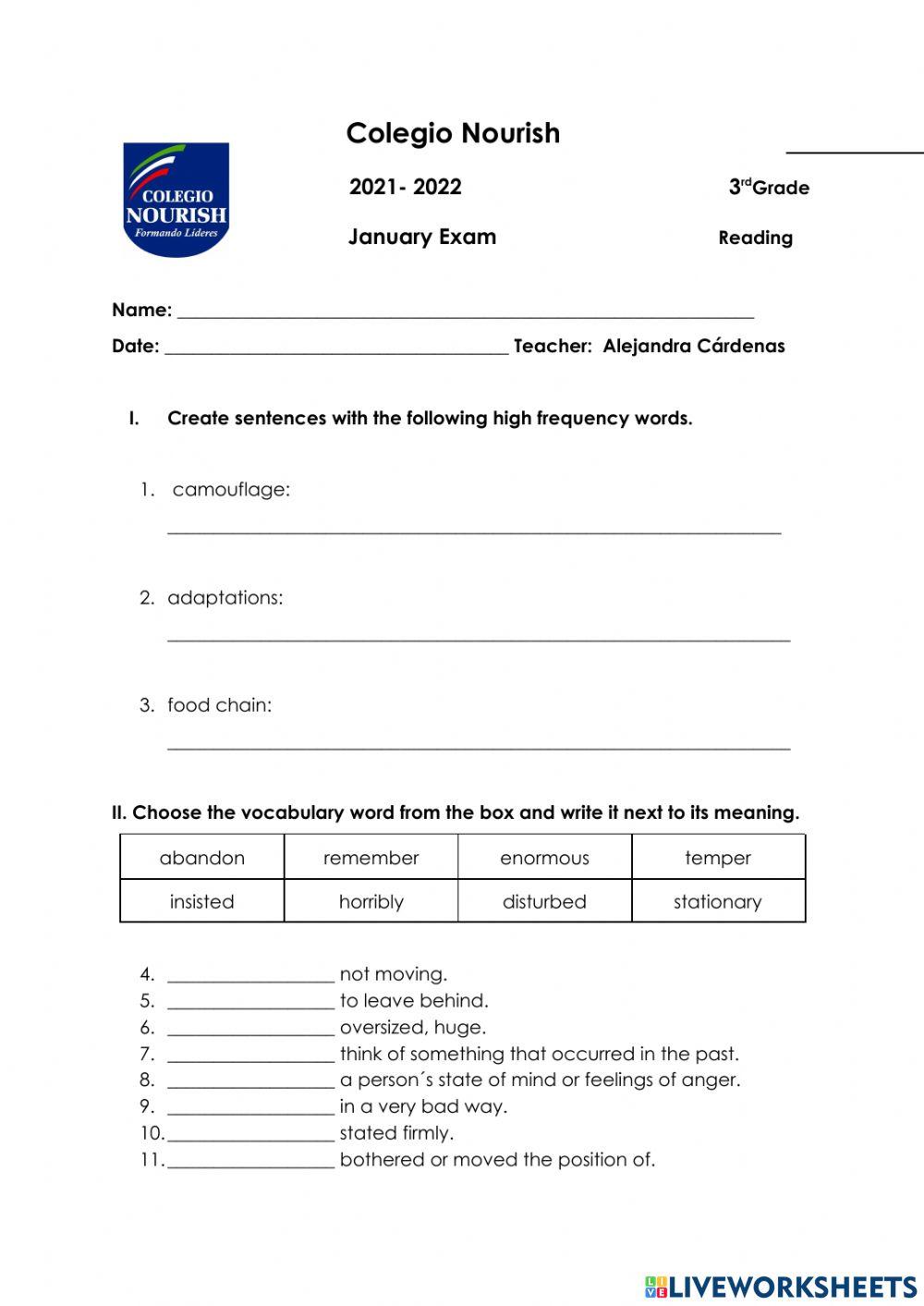 Jan Reading Exam worksheet | Live Worksheets