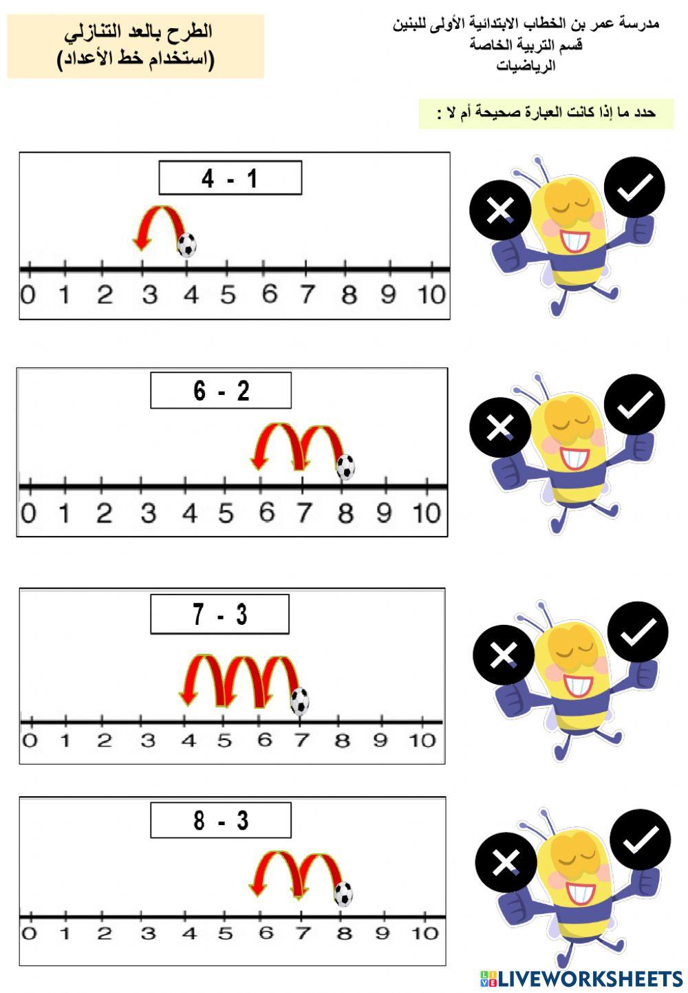 الطرح باستخدام خط الأعداد Interactive Worksheet Live Worksheets