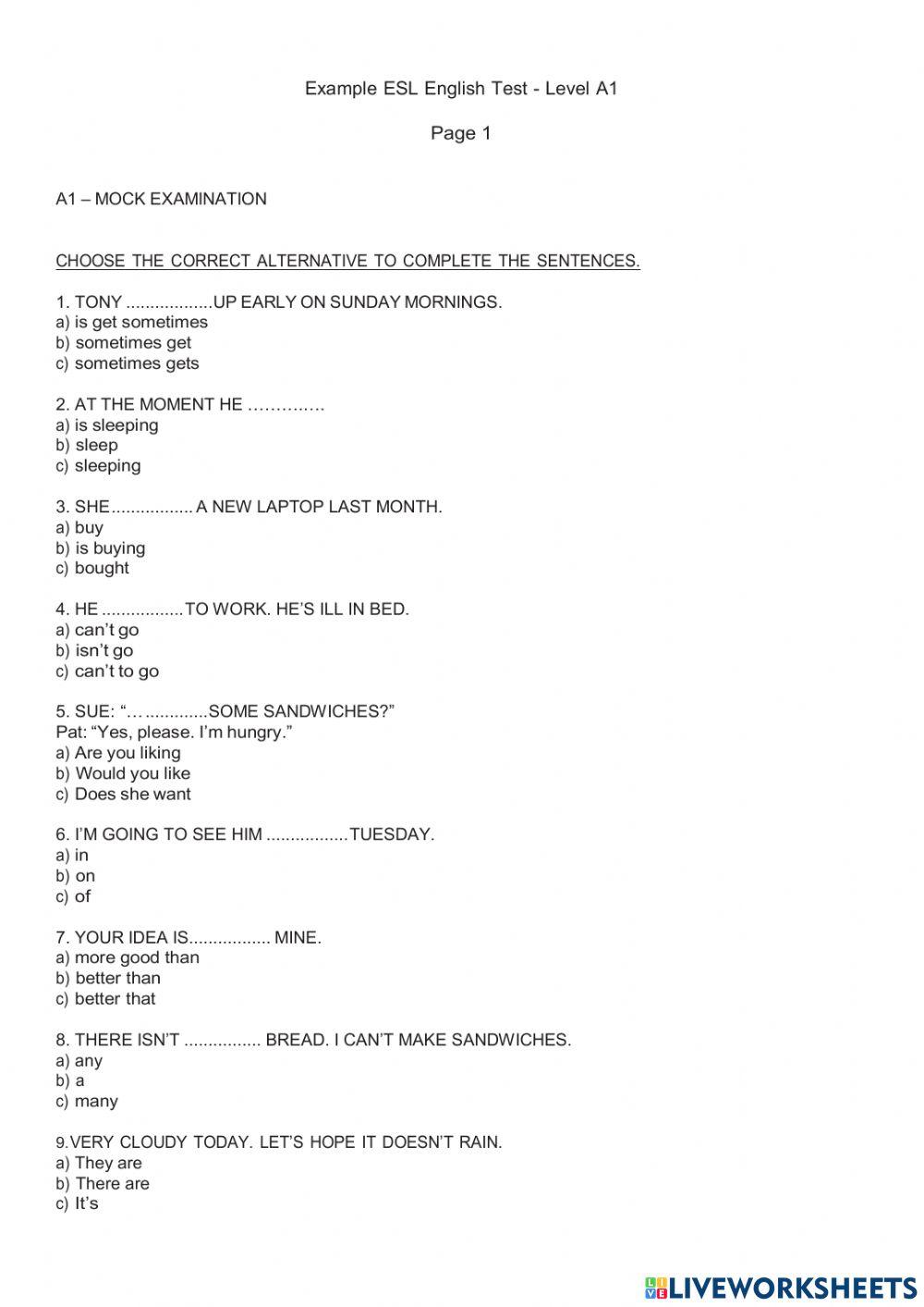 Test A1 1822221 | belemliceo | Live Worksheets