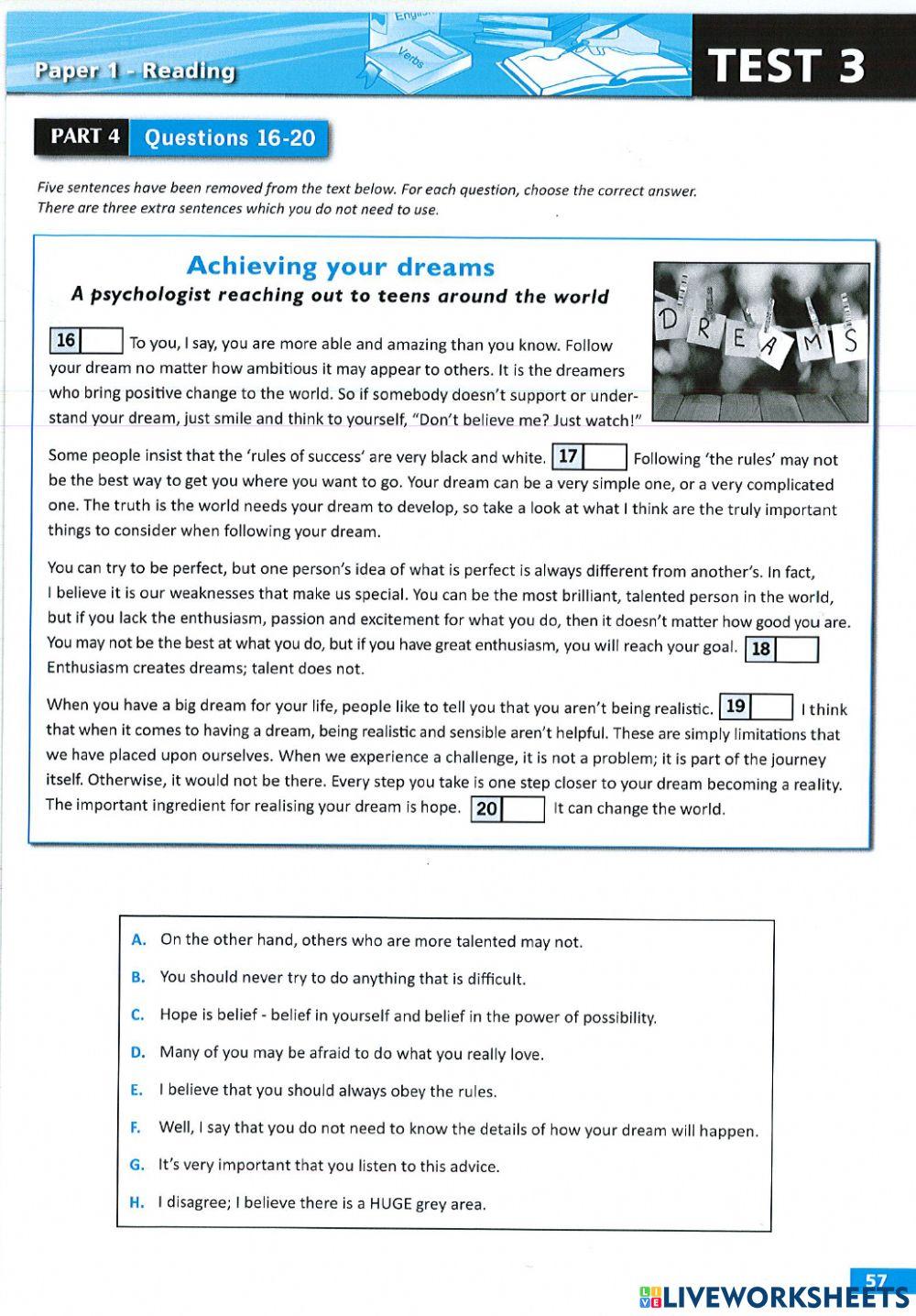 PET Reading Test 3 online exercise for | Live Worksheets