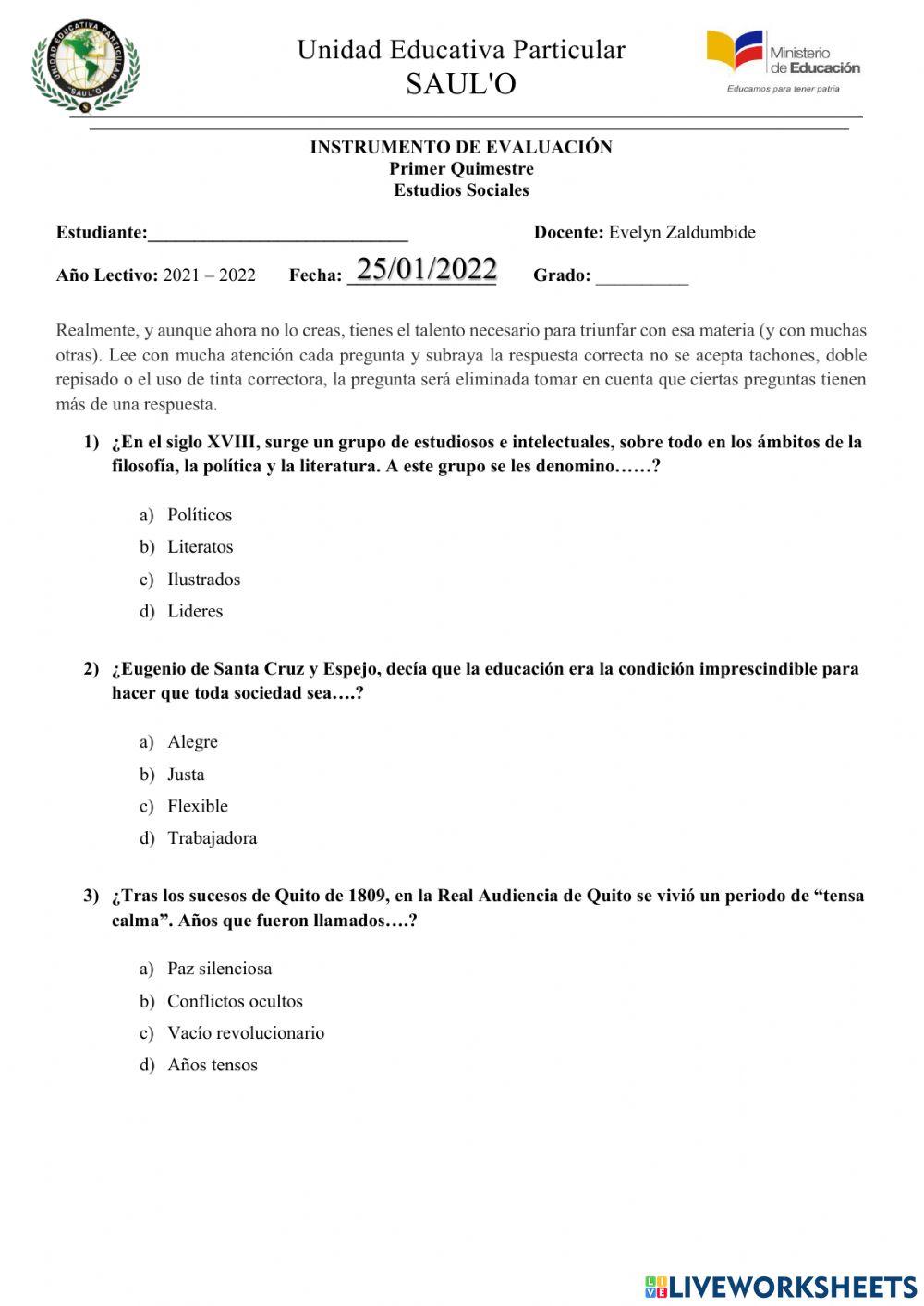 evaluacion Quimestral eess online exercise for | Live Worksheets