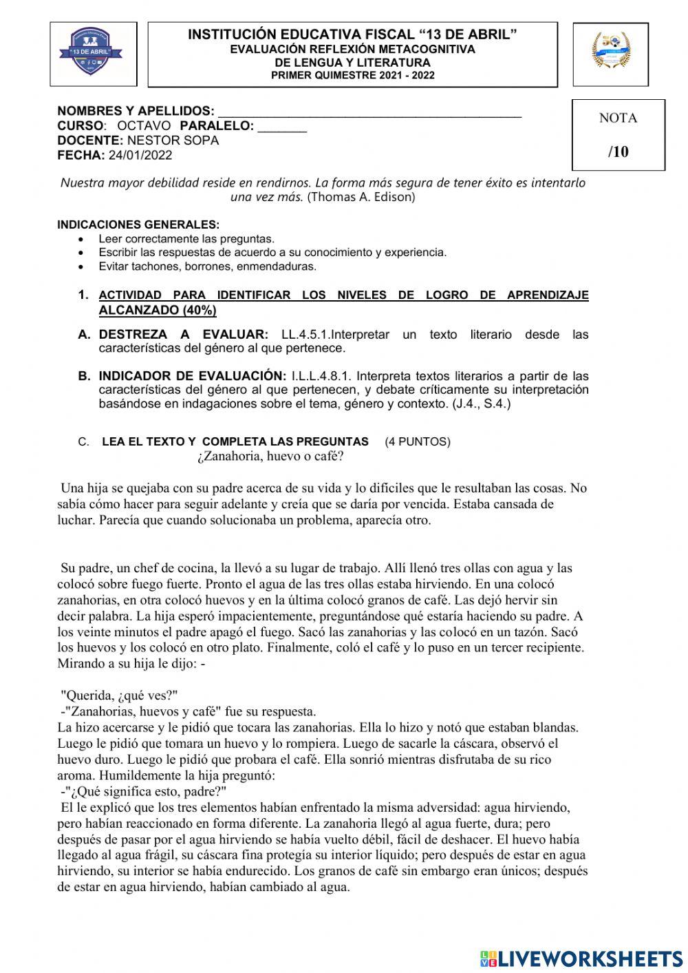 Exámen Octavo worksheet | Live Worksheets