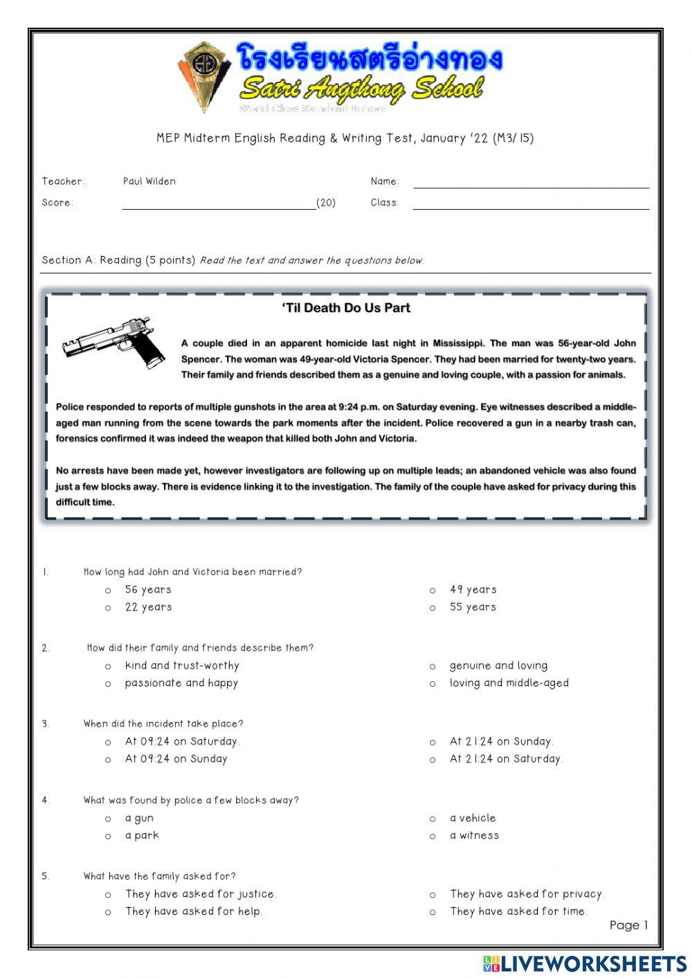 MEP Midterm English Reading - Writing Test, January 2022 (M3-15) online ...