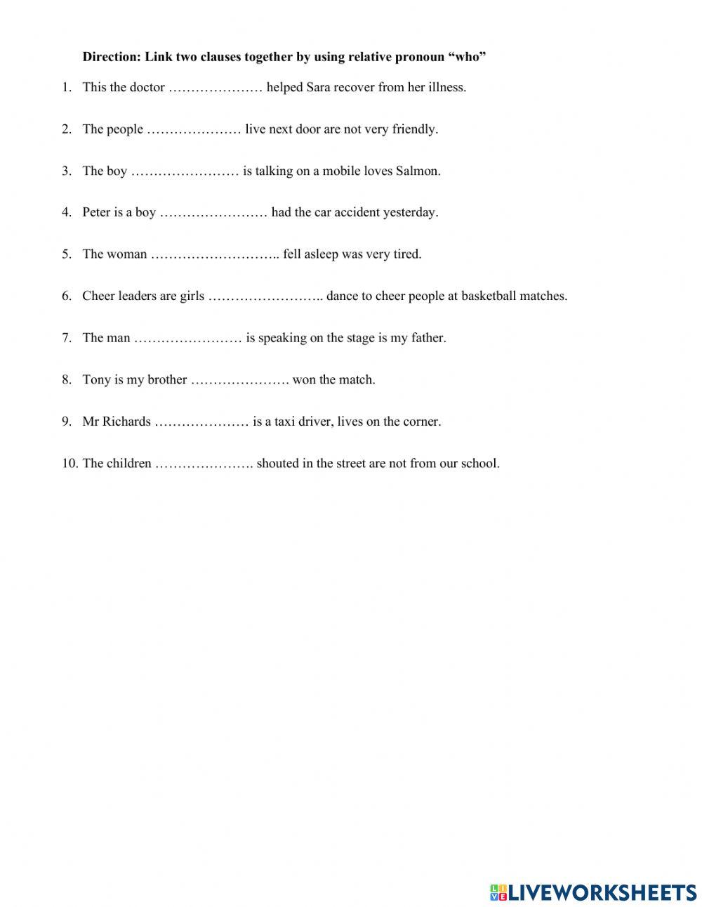 Relative pronoun - who online exercise for | Live Worksheets