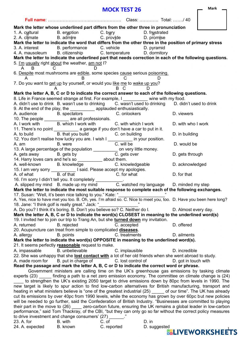Mock test 26- (DK) - Ms Phuong worksheet | Live Worksheets