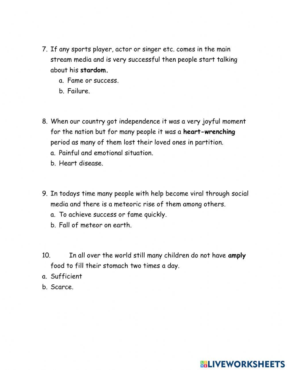 Vocabulary online exercise for 9 | Live Worksheets