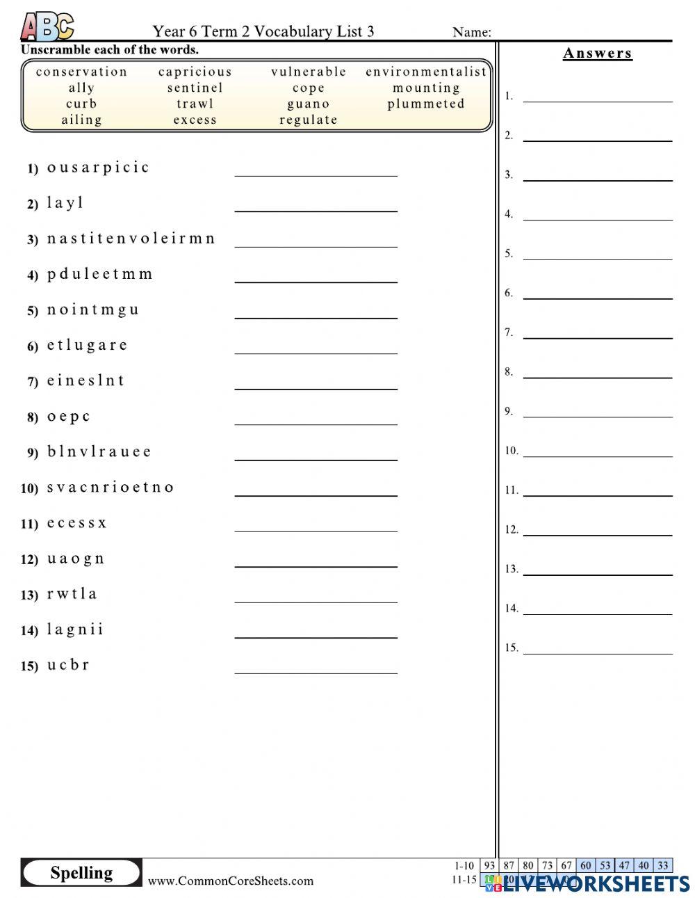 Year 6 Term 2 Vocabulary List 3 check online exercise for | Live Worksheets