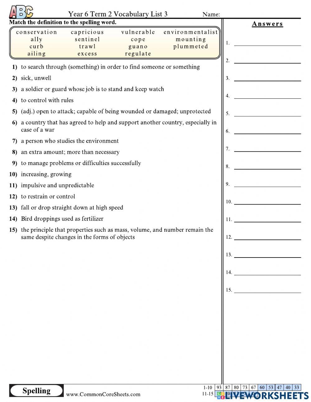 Year 6 Term 2 Vocabulary List 3 check online exercise for | Live Worksheets