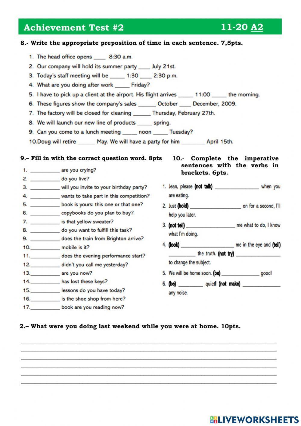 Achievement test a2 worksheet | Live Worksheets