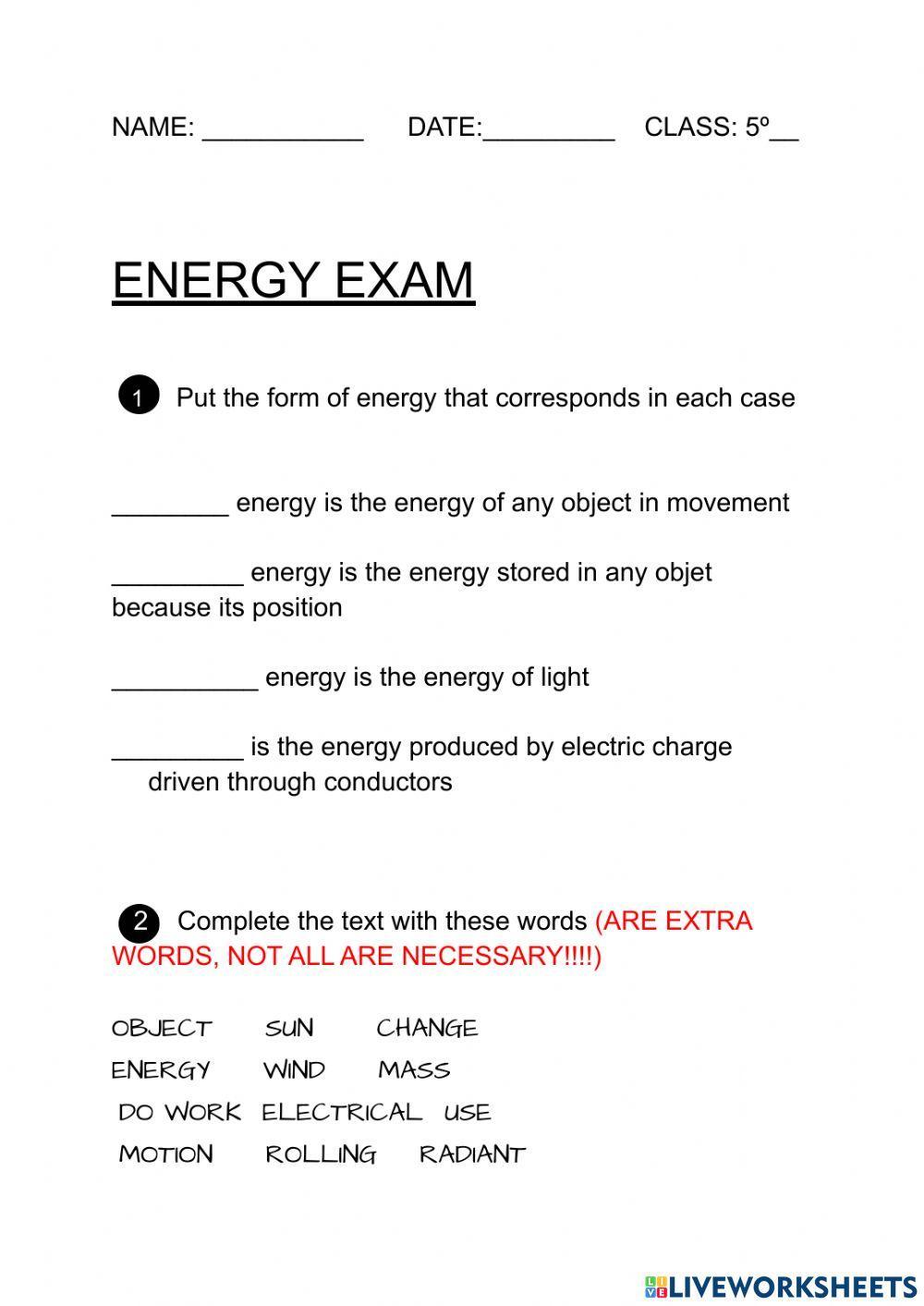 Types of enegy worksheet | Live Worksheets