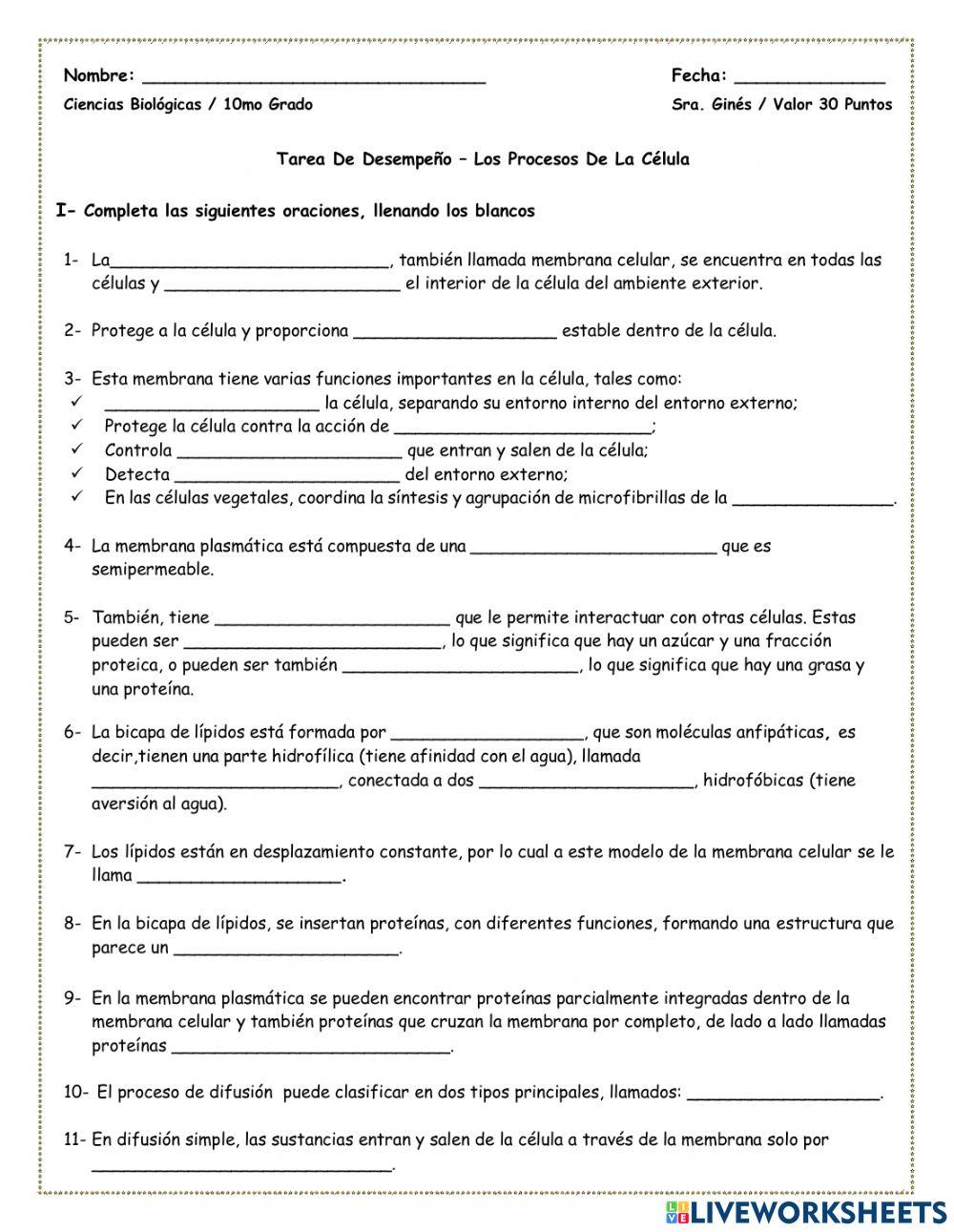 TD1 - Membrana Celular Y Procesos Que Realiza La Célula online exercise ...