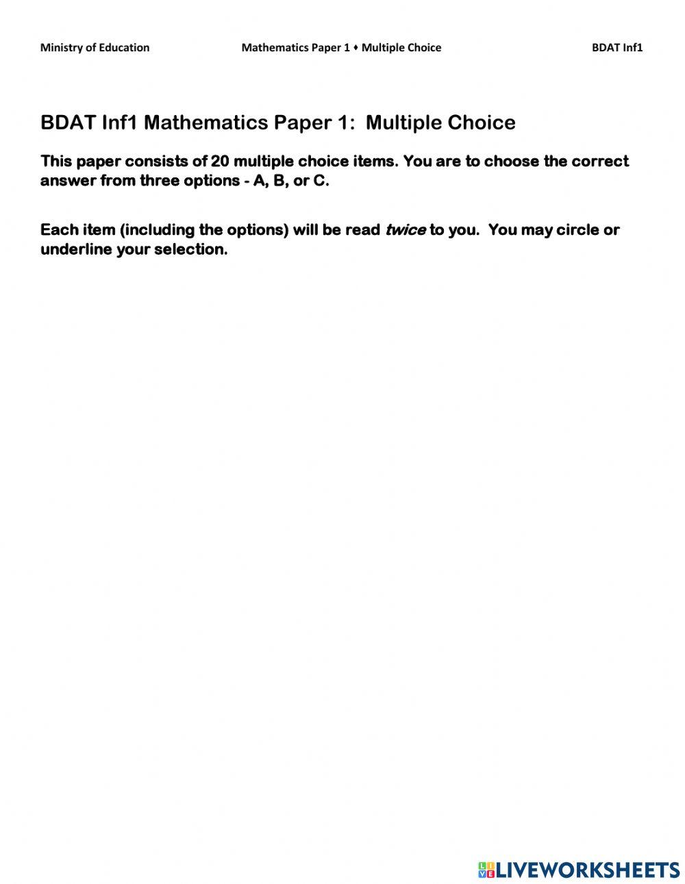 Mathematic Paper 1 online exercise for | Live Worksheets