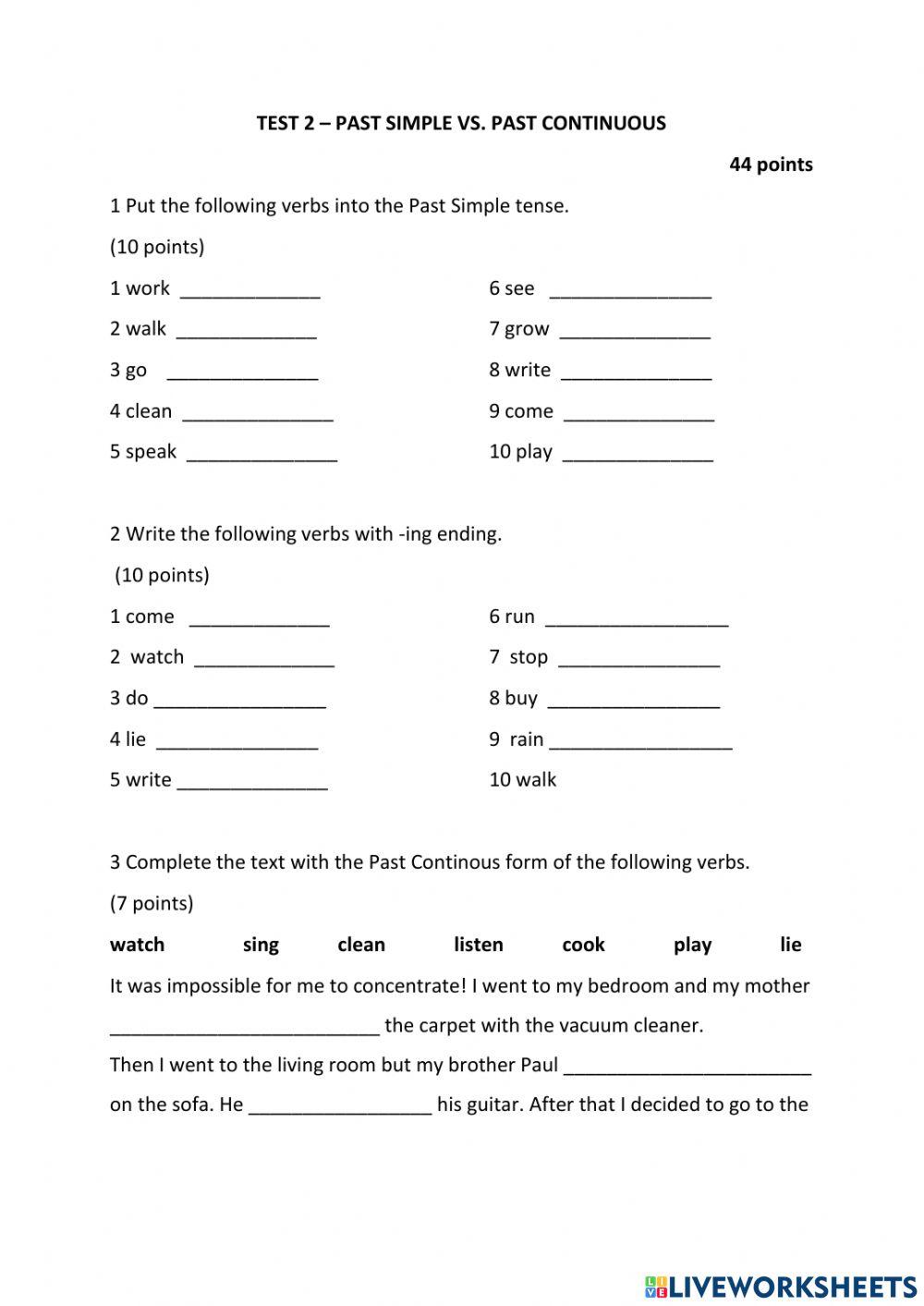 TEST 2 - Past Simple vs. Past Continuous online exercise for | Live ...