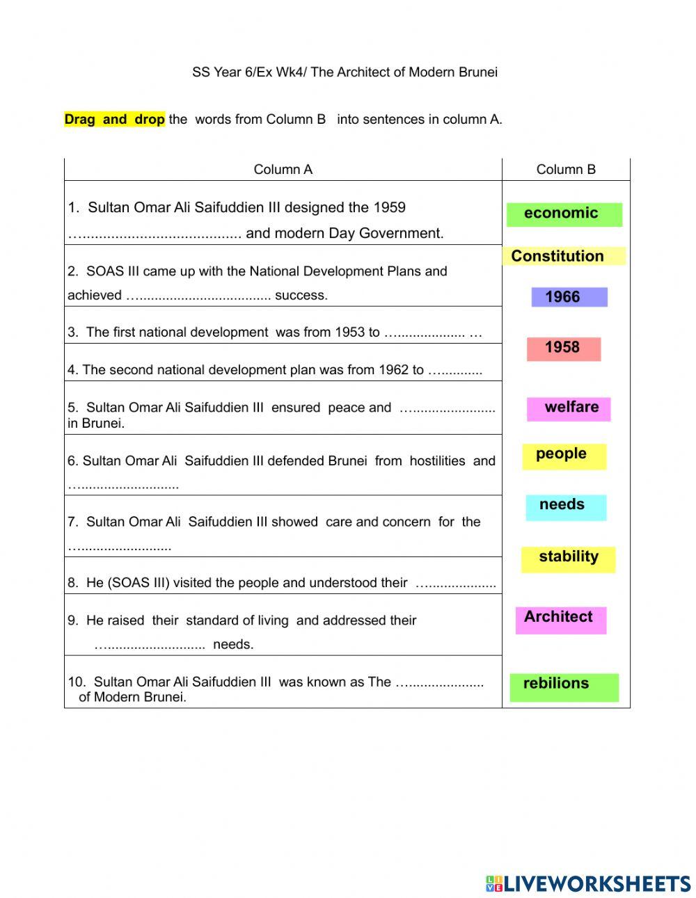 Yr6 Ex Wk4 The Architect of Modern Brunei worksheet | Live Worksheets