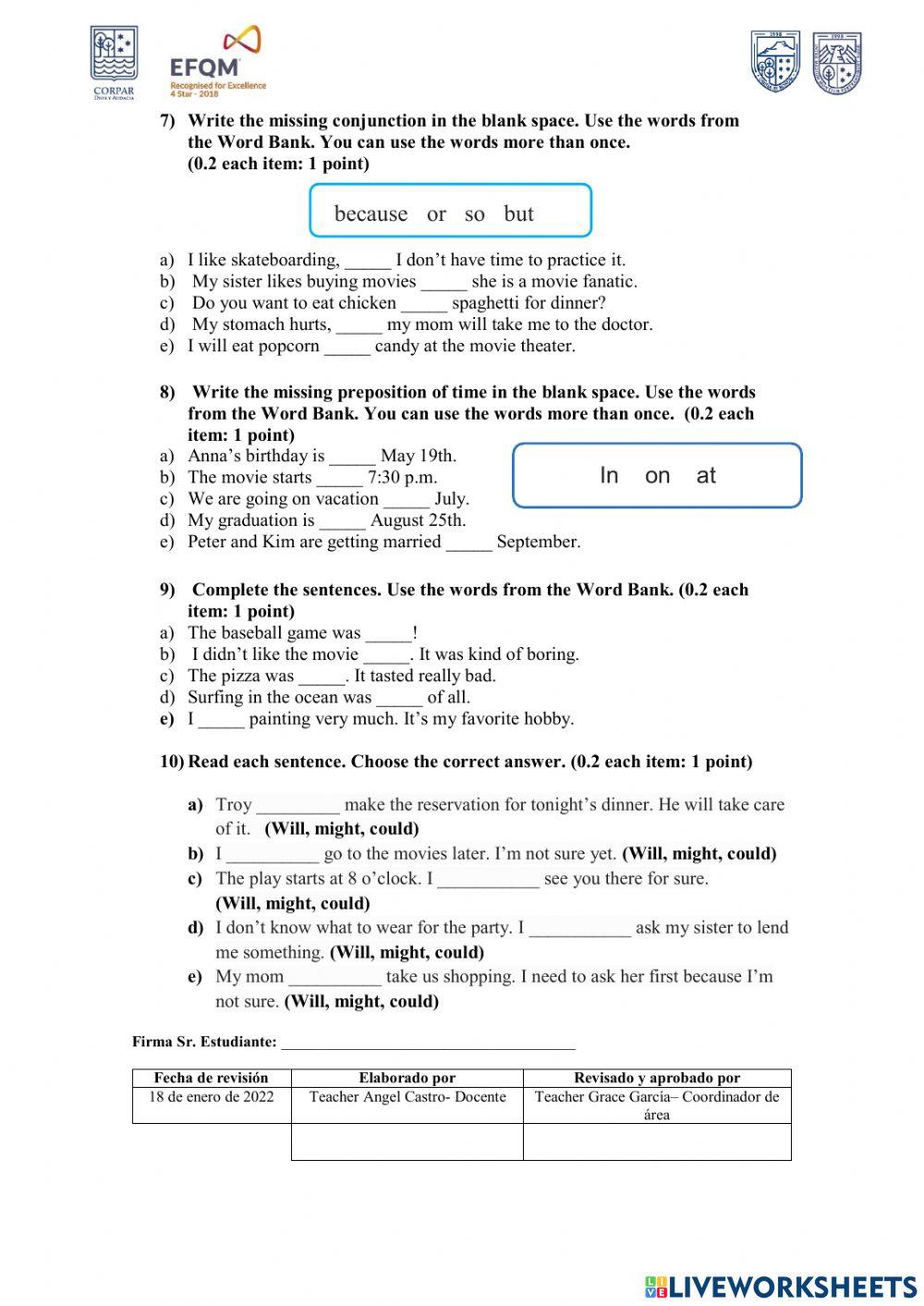 1826416 | 7th grade English exam | Angel Patricio Castro