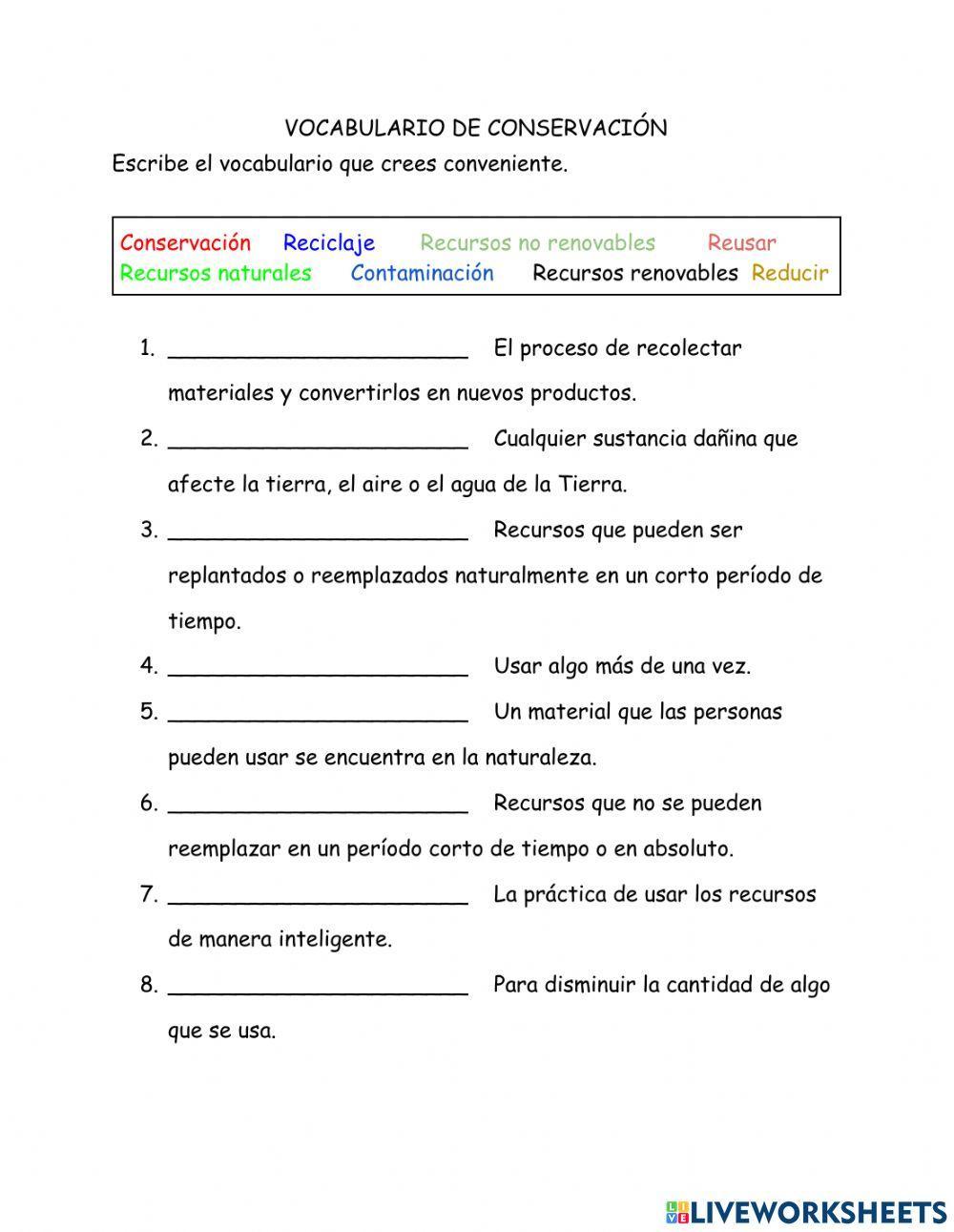 Vocabulario de Conservación worksheet | Live Worksheets