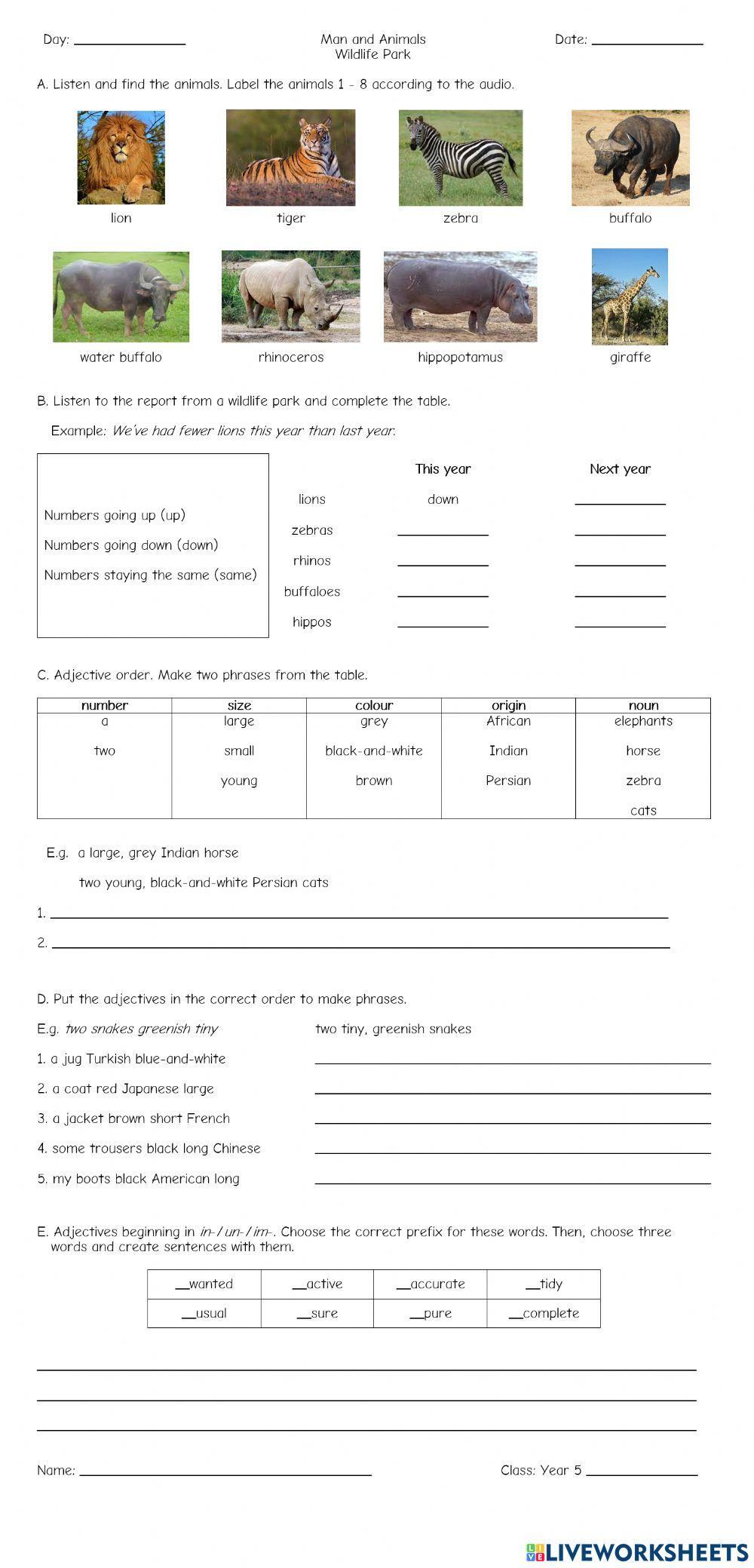 Man and Animals: Wildlife Park worksheet | Live Worksheets