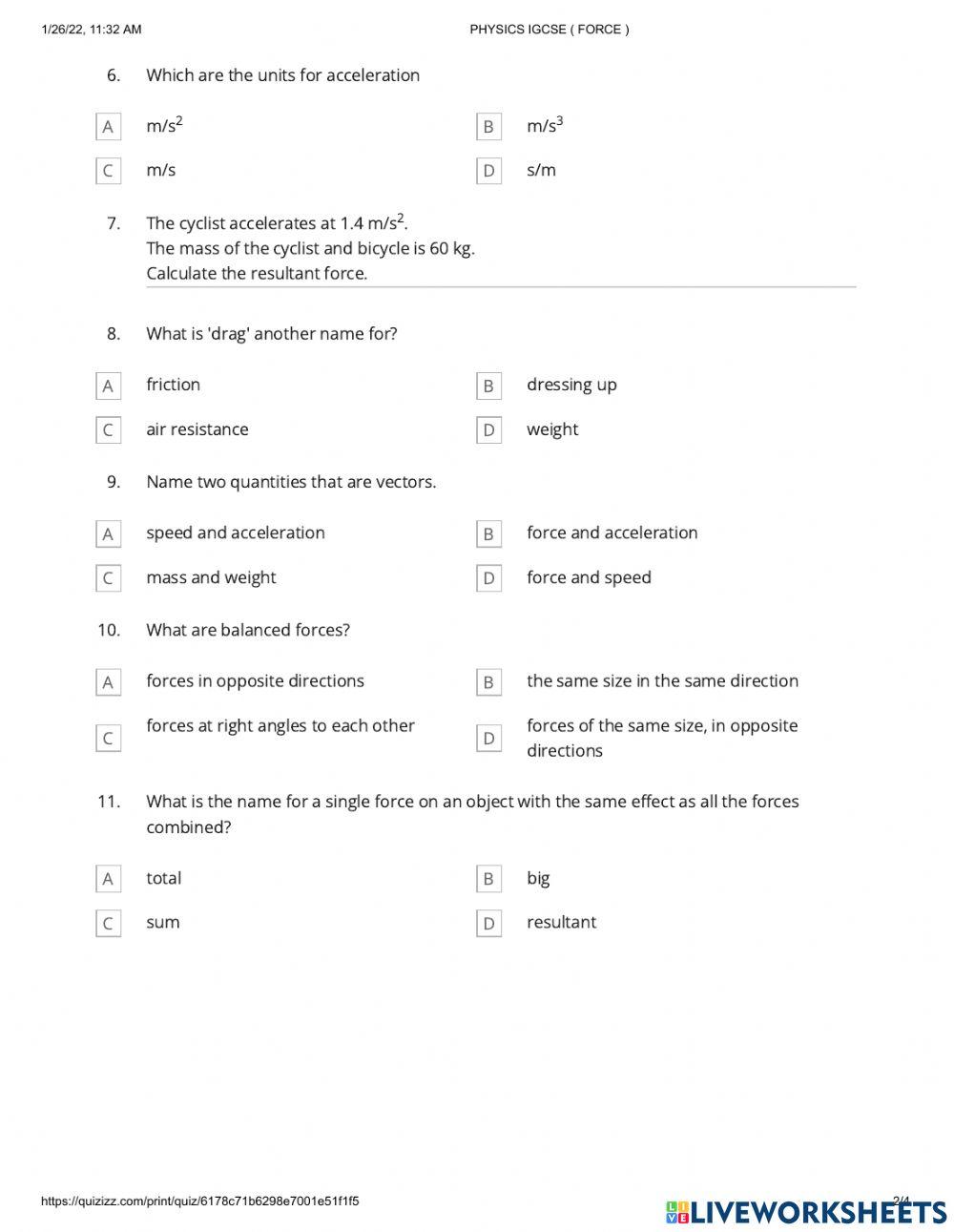 Physics IGCSE (Force) online exercise for | Live Worksheets