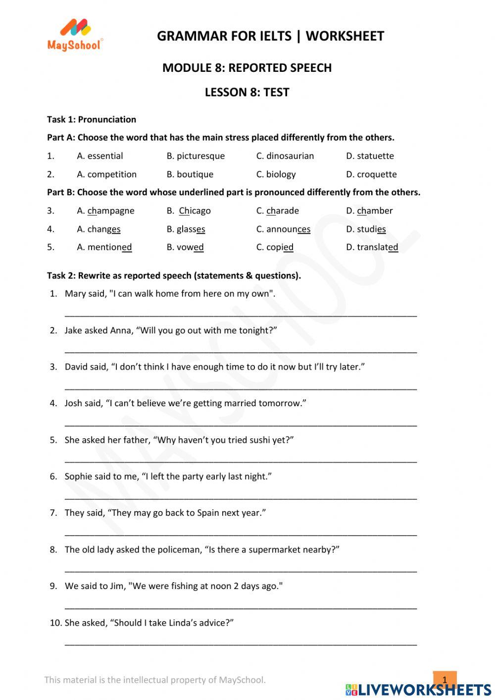 M8L8 - Reported Speech - Test online exercise for | Live Worksheets