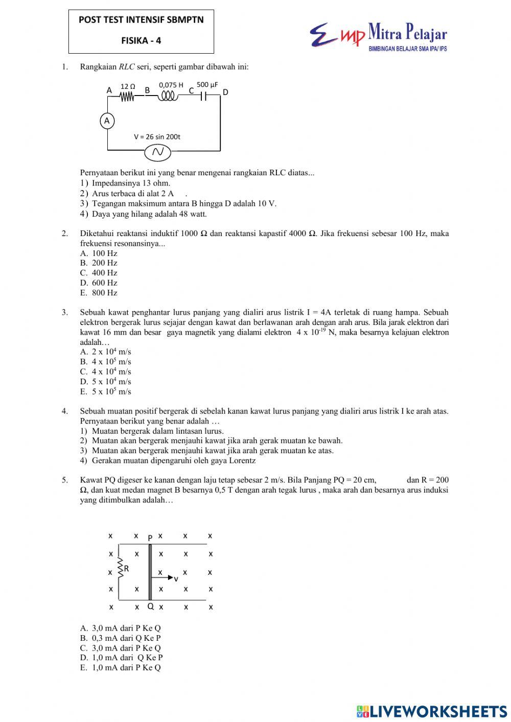 Post test intensif fisika 4 worksheet | Live Worksheets