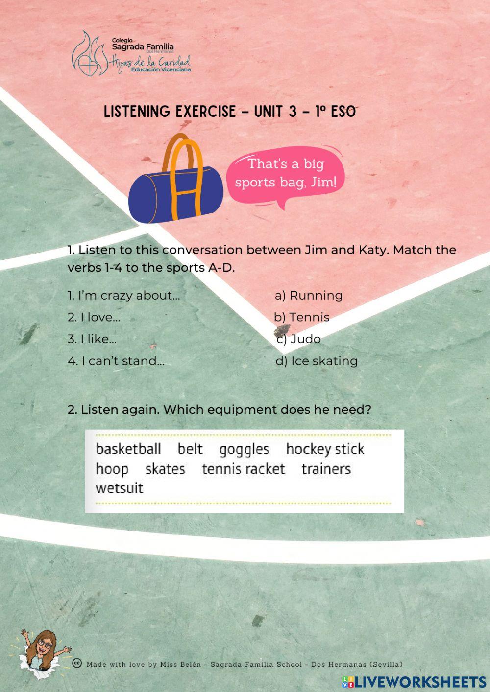 Listening Exercise Unit 3 1º ESO - Sports and equipment online exercise for | Live Worksheets