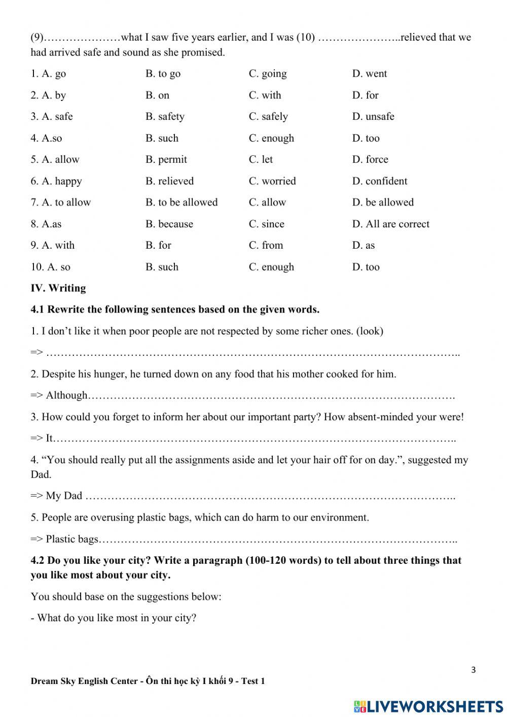 Grade 9-semester 1-test 5 worksheet | Live Worksheets