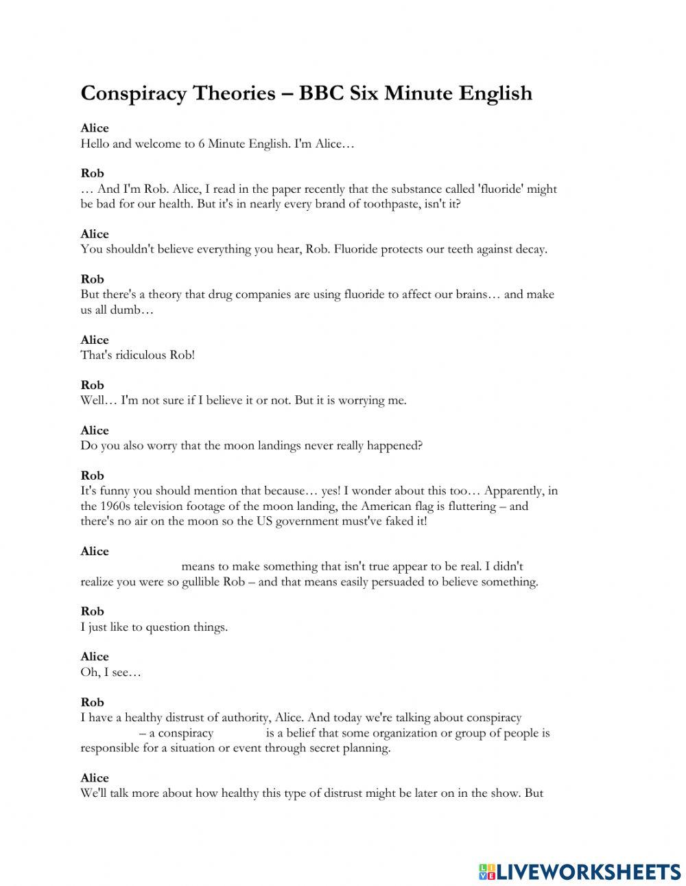 Conspiracy Theo… | Free Interactive Worksheets | 1824714